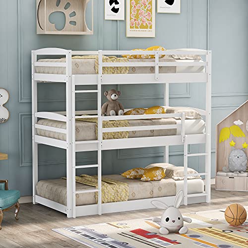 Lifeand Twin Over Twin Over Twin Triple Bunk Bed with 2 Built-in Ladders,Wooden Floor Bunk Bedframe with Safety Guardrail & Ladder for 3 Kids Teens,White