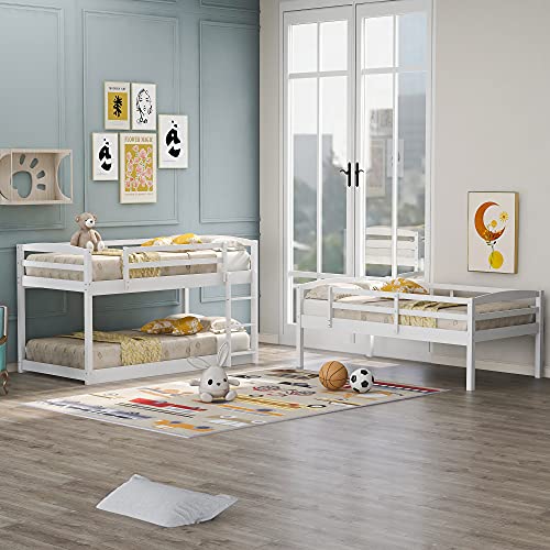 Lifeand Twin Over Twin Over Twin Triple Bunk Bed with 2 Built-in Ladders,Wooden Floor Bunk Bedframe with Safety Guardrail & Ladder for 3 Kids Teens,White