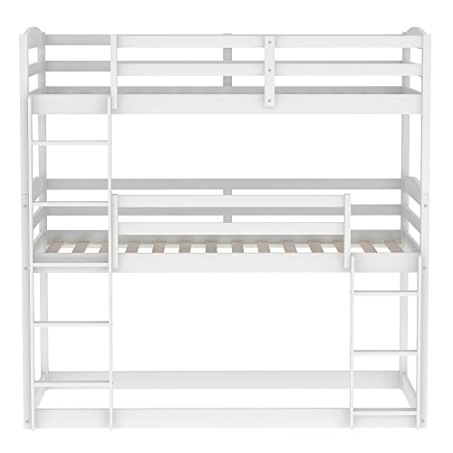 Lifeand Twin Over Twin Over Twin Triple Bunk Bed with 2 Built-in Ladders,Wooden Floor Bunk Bedframe with Safety Guardrail & Ladder for 3 Kids Teens,White