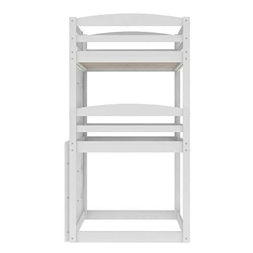 Lifeand Twin Over Twin Over Twin Triple Bunk Bed with 2 Built-in Ladders,Wooden Floor Bunk Bedframe with Safety Guardrail & Ladder for 3 Kids Teens,White