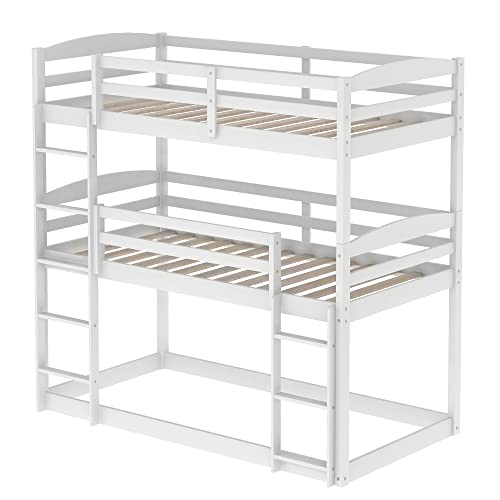 Lifeand Twin Over Twin Over Twin Triple Bunk Bed with 2 Built-in Ladders,Wooden Floor Bunk Bedframe with Safety Guardrail & Ladder for 3 Kids Teens,White