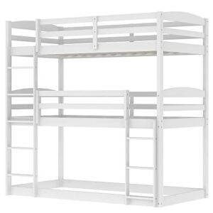 Lifeand Twin Over Twin Over Twin Triple Bunk Bed with 2 Built-in Ladders,Wooden Floor Bunk Bedframe with Safety Guardrail & Ladder for 3 Kids Teens,White