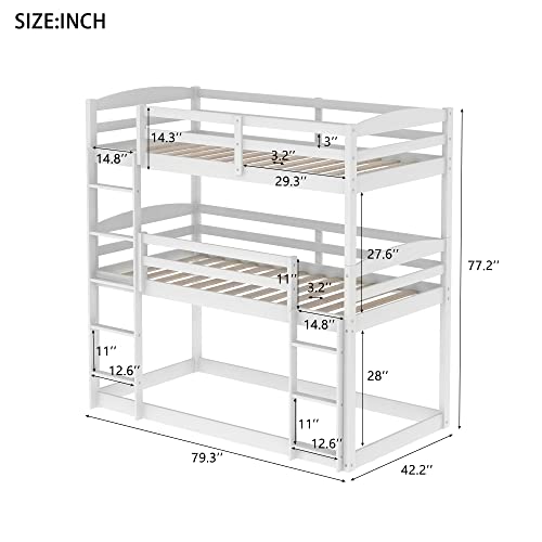 Lifeand Twin Over Twin Over Twin Triple Bunk Bed with 2 Built-in Ladders,Wooden Floor Bunk Bedframe with Safety Guardrail & Ladder for 3 Kids Teens,White