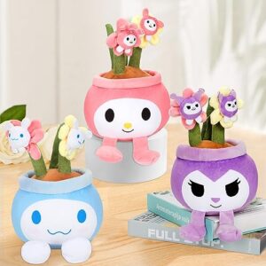 boufaik 3pcs kawaii plush doll, cute cinnamon my melo plushies, stuffed potted plants plush toy, home decoration stuffed soft plush flower gifts for kids boys(pink+purple+blue)