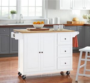 maison arts storage kitchen island on wheels with drop leaf rolling kitchen cart with 2 doors & 3 drawers rubber wood countertop, white