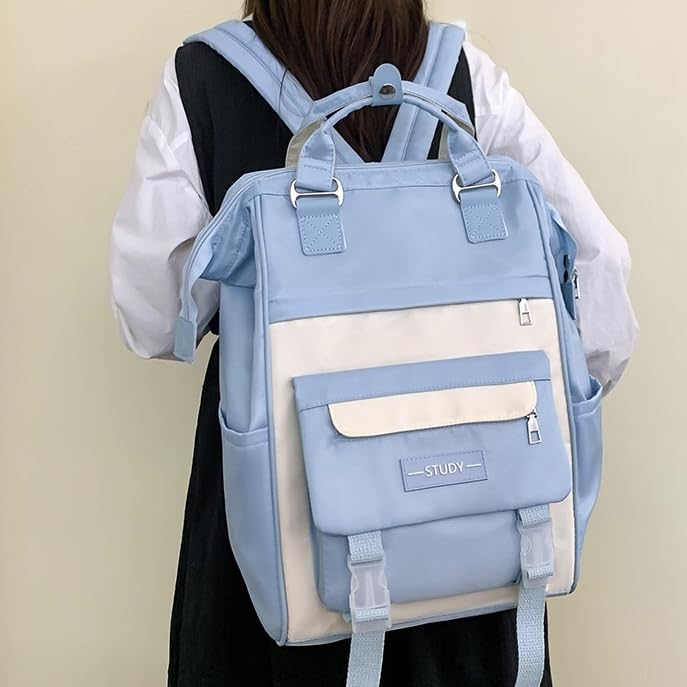 UIVXXUD Aesthetic Backpack Cute Kawaii - Waterproof Nylon Double Shoulder Bag (Blue)