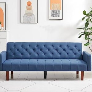 Blue, Linen, Convertible Double Folding Living Room Sofa Bed (Eucalyptus Wood Frame)