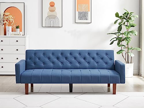 Blue, Linen, Convertible Double Folding Living Room Sofa Bed (Eucalyptus Wood Frame)