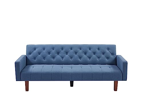 Blue, Linen, Convertible Double Folding Living Room Sofa Bed (Eucalyptus Wood Frame)