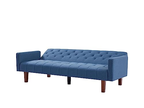 Blue, Linen, Convertible Double Folding Living Room Sofa Bed (Eucalyptus Wood Frame)