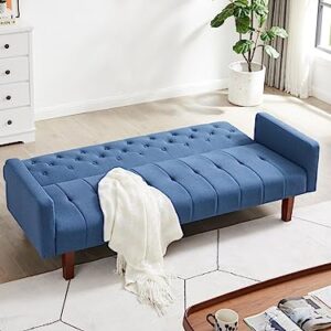 Blue, Linen, Convertible Double Folding Living Room Sofa Bed (Eucalyptus Wood Frame)