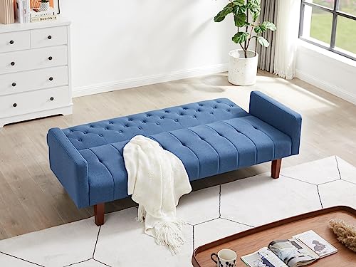 Blue, Linen, Convertible Double Folding Living Room Sofa Bed (Eucalyptus Wood Frame)