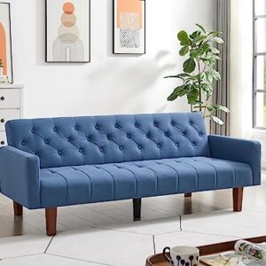 Blue, Linen, Convertible Double Folding Living Room Sofa Bed (Eucalyptus Wood Frame)