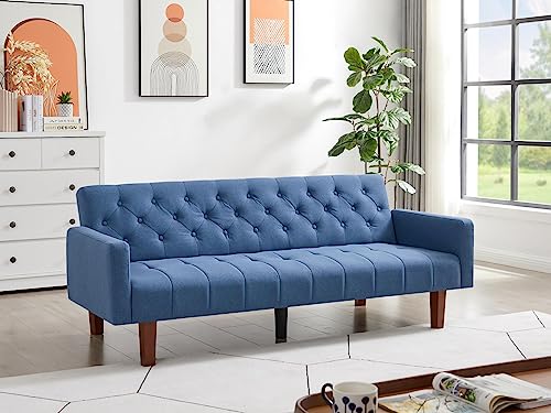 Blue, Linen, Convertible Double Folding Living Room Sofa Bed (Eucalyptus Wood Frame)