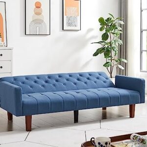 Blue, Linen, Convertible Double Folding Living Room Sofa Bed (Eucalyptus Wood Frame)