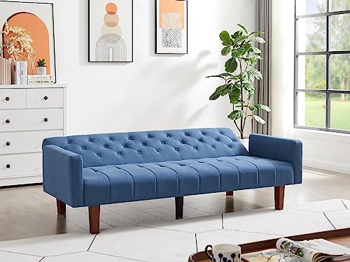 Blue, Linen, Convertible Double Folding Living Room Sofa Bed (Eucalyptus Wood Frame)