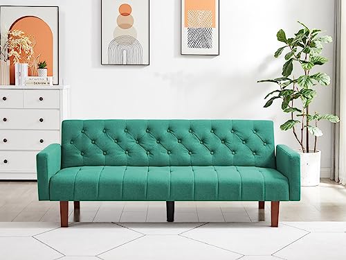 Green, Linen, Convertible Double Folding Living Room Sofa Bed (Eucalyptus Wood Frame)