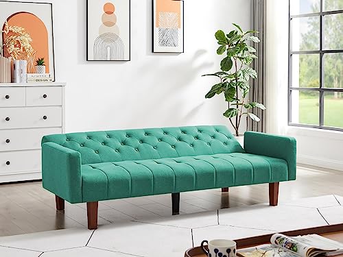 Green, Linen, Convertible Double Folding Living Room Sofa Bed (Eucalyptus Wood Frame)