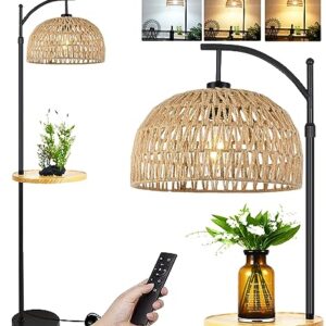 QIYIZM Floor Lamp for Living Room Bedroom with Table Shelves,Rattan Boho Arc Floor Lamps with Remote Dimmable Farmhouse Wood Shelf Attached Standing Lamp Wicker Bamboo Tall Lamp Floor Light Bohemian