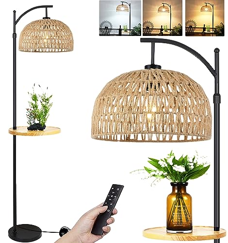 QIYIZM Floor Lamp for Living Room Bedroom with Table Shelves,Rattan Boho Arc Floor Lamps with Remote Dimmable Farmhouse Wood Shelf Attached Standing Lamp Wicker Bamboo Tall Lamp Floor Light Bohemian