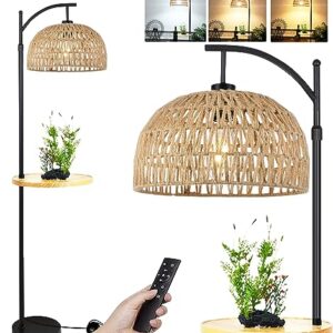 QIYIZM Floor Lamp for Living Room Bedroom with Table Shelves,Rattan Boho Arc Floor Lamps with Remote Dimmable Farmhouse Wood Shelf Attached Standing Lamp Wicker Bamboo Tall Lamp Floor Light Bohemian