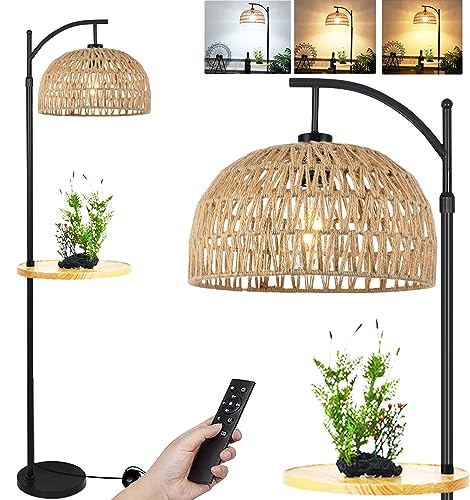 QIYIZM Floor Lamp for Living Room Bedroom with Table Shelves,Rattan Boho Arc Floor Lamps with Remote Dimmable Farmhouse Wood Shelf Attached Standing Lamp Wicker Bamboo Tall Lamp Floor Light Bohemian