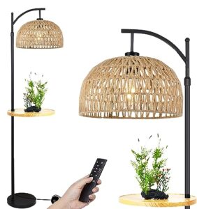 qiyizm floor lamp for living room bedroom with table shelves,rattan boho arc floor lamps with remote dimmable farmhouse wood shelf attached standing lamp wicker bamboo tall lamp floor light bohemian