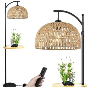 QIYIZM Floor Lamp for Living Room Bedroom with Table Shelves,Rattan Boho Arc Floor Lamps with Remote Dimmable Farmhouse Wood Shelf Attached Standing Lamp Wicker Bamboo Tall Lamp Floor Light Bohemian