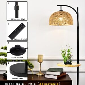 QIYIZM Floor Lamp for Living Room Bedroom with Table Shelves,Rattan Boho Arc Floor Lamps with Remote Dimmable Farmhouse Wood Shelf Attached Standing Lamp Wicker Bamboo Tall Lamp Floor Light Bohemian