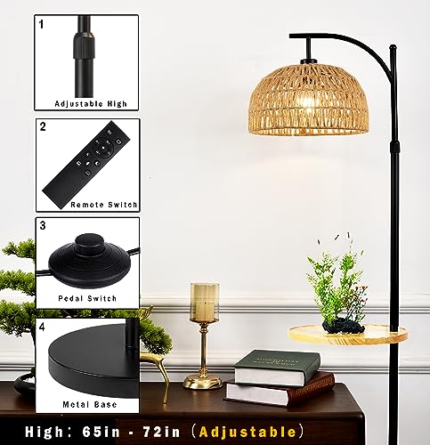 QIYIZM Floor Lamp for Living Room Bedroom with Table Shelves,Rattan Boho Arc Floor Lamps with Remote Dimmable Farmhouse Wood Shelf Attached Standing Lamp Wicker Bamboo Tall Lamp Floor Light Bohemian