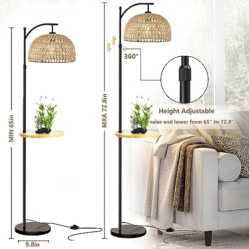 QIYIZM Floor Lamp for Living Room Bedroom with Table Shelves,Rattan Boho Arc Floor Lamps with Remote Dimmable Farmhouse Wood Shelf Attached Standing Lamp Wicker Bamboo Tall Lamp Floor Light Bohemian