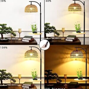 QIYIZM Floor Lamp for Living Room Bedroom with Table Shelves,Rattan Boho Arc Floor Lamps with Remote Dimmable Farmhouse Wood Shelf Attached Standing Lamp Wicker Bamboo Tall Lamp Floor Light Bohemian