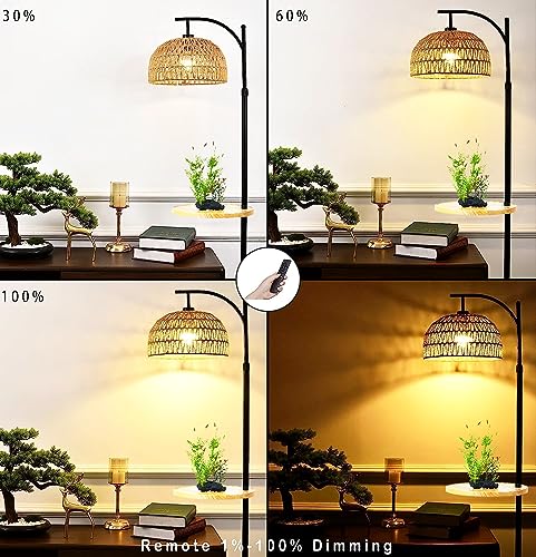 QIYIZM Floor Lamp for Living Room Bedroom with Table Shelves,Rattan Boho Arc Floor Lamps with Remote Dimmable Farmhouse Wood Shelf Attached Standing Lamp Wicker Bamboo Tall Lamp Floor Light Bohemian