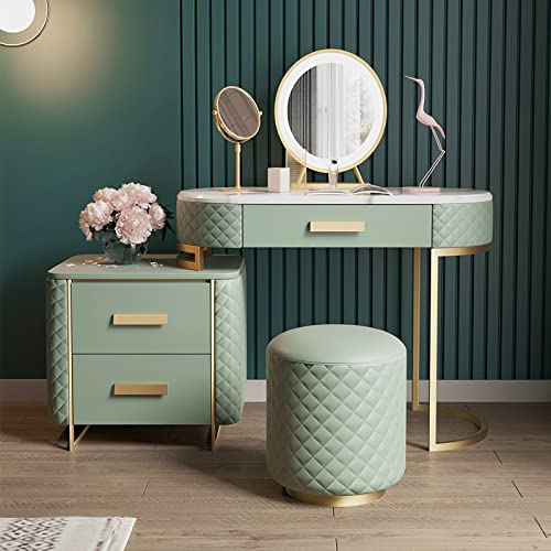 Luxury Dressing Table with Microfibre Leather Wrapped, Modern Makeup Vanity Desk with 3 Solid Wood Drawers, Vanity Set with Rock Plate Tabletop, Side Cabinet, Mirror and Lights, Stool-39.4in/Green