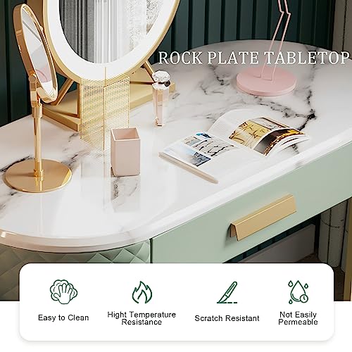 Luxury Dressing Table with Microfibre Leather Wrapped, Modern Makeup Vanity Desk with 3 Solid Wood Drawers, Vanity Set with Rock Plate Tabletop, Side Cabinet, Mirror and Lights, Stool-39.4in/Green