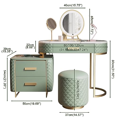 Luxury Dressing Table with Microfibre Leather Wrapped, Modern Makeup Vanity Desk with 3 Solid Wood Drawers, Vanity Set with Rock Plate Tabletop, Side Cabinet, Mirror and Lights, Stool-39.4in/Green