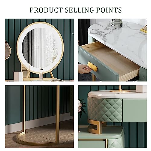 Luxury Dressing Table with Microfibre Leather Wrapped, Modern Makeup Vanity Desk with 3 Solid Wood Drawers, Vanity Set with Rock Plate Tabletop, Side Cabinet, Mirror and Lights, Stool-39.4in/Green