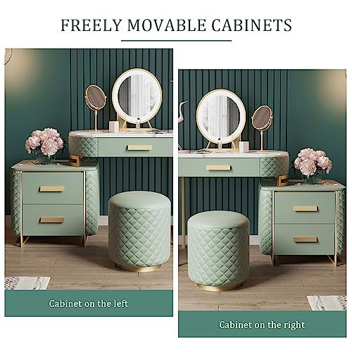 Luxury Dressing Table with Microfibre Leather Wrapped, Modern Makeup Vanity Desk with 3 Solid Wood Drawers, Vanity Set with Rock Plate Tabletop, Side Cabinet, Mirror and Lights, Stool-39.4in/Green