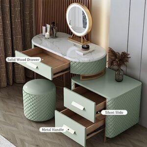 Luxury Dressing Table with Microfibre Leather Wrapped, Modern Makeup Vanity Desk with 3 Solid Wood Drawers, Vanity Set with Rock Plate Tabletop, Side Cabinet, Mirror and Lights, Stool-39.4in/Green