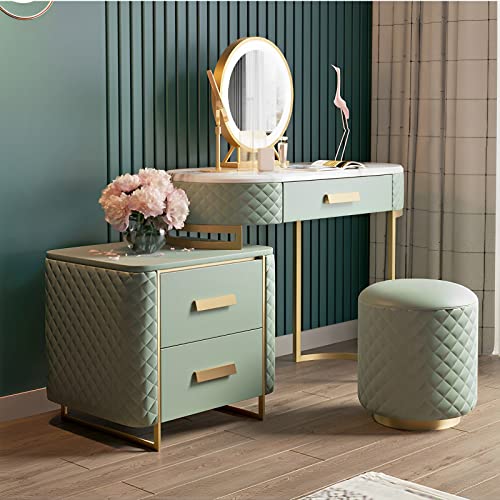 Luxury Dressing Table with Microfibre Leather Wrapped, Modern Makeup Vanity Desk with 3 Solid Wood Drawers, Vanity Set with Rock Plate Tabletop, Side Cabinet, Mirror and Lights, Stool-39.4in/Green