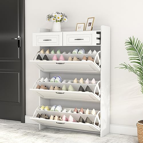 HANLIVES Shoe Cabinet for Entryway, White Narrow Shoe Storage Organizer with 3 Doors 2 Drawers,Flip Down Shoe Rack Wood 4 Tier Shoe Storage Cabinet for Hallway, Living Room,Home and Apartment