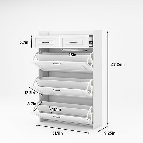 HANLIVES Shoe Cabinet for Entryway, White Narrow Shoe Storage Organizer with 3 Doors 2 Drawers,Flip Down Shoe Rack Wood 4 Tier Shoe Storage Cabinet for Hallway, Living Room,Home and Apartment