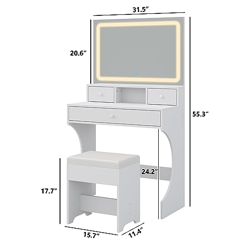 Yanosaku Vanity Desk with LED Lighted Mirror & Power Outlet, Makeup Table with Drawers, Makeup Table with Chair,Vanity Set 3 Lighting Modes Brightness Adjustable for Bedroom Studio