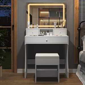 Yanosaku Vanity Desk with LED Lighted Mirror & Power Outlet, Makeup Table with Drawers, Makeup Table with Chair,Vanity Set 3 Lighting Modes Brightness Adjustable for Bedroom Studio