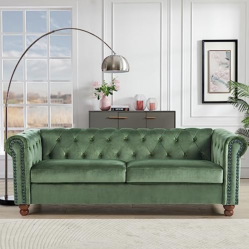 Asucoora Upholstered Chesterfield Tufted Velvet Sofa Couch for Living Room, Rolled Arm 3-Seater Sofa Couch with Nailhead Trim and 2 Neck Roll Pillows