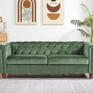 Asucoora Upholstered Chesterfield Tufted Velvet Sofa Couch for Living Room, Rolled Arm 3-Seater Sofa Couch with Nailhead Trim and 2 Neck Roll Pillows