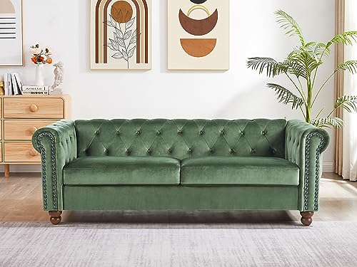 Asucoora Upholstered Chesterfield Tufted Velvet Sofa Couch for Living Room, Rolled Arm 3-Seater Sofa Couch with Nailhead Trim and 2 Neck Roll Pillows