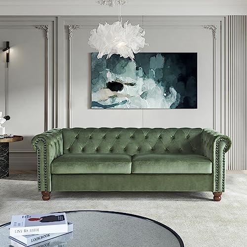 Asucoora Upholstered Chesterfield Tufted Velvet Sofa Couch for Living Room, Rolled Arm 3-Seater Sofa Couch with Nailhead Trim and 2 Neck Roll Pillows