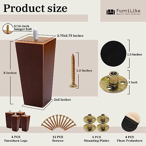 Furnilike Furniture Legs 8 Inches, 4 Pcs - Chocolate Brown Couch Legs Replacement with Rubber Pads, Strong & Stylish Furniture Sofa Legs Holds Up to 700lbs, Perfect for Increasing the Furniture Height