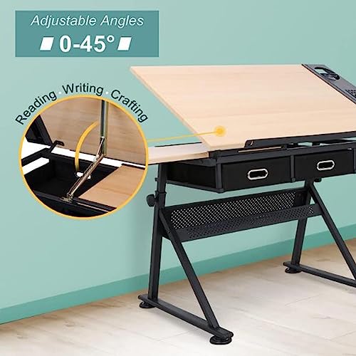 TeMkin 2 Storage Drawers and Stool Drafting Table Drawing Desk Height Adjustable Craft Table for Home Office School Study Room (Color : Glass)